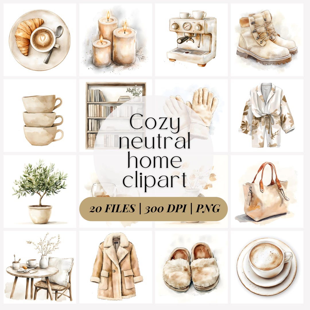 Cozy Home Clipart Set | Neutral Watercolor Illustrations for a Warm ...