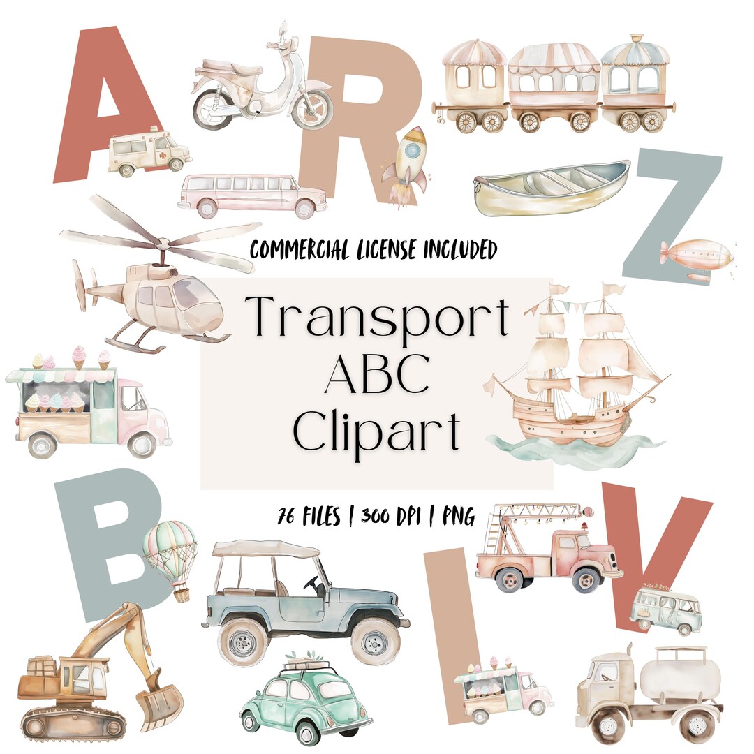 Watercolor Transport Alphabet Clipart Bundle | Vehicle Themed PNG Set ...