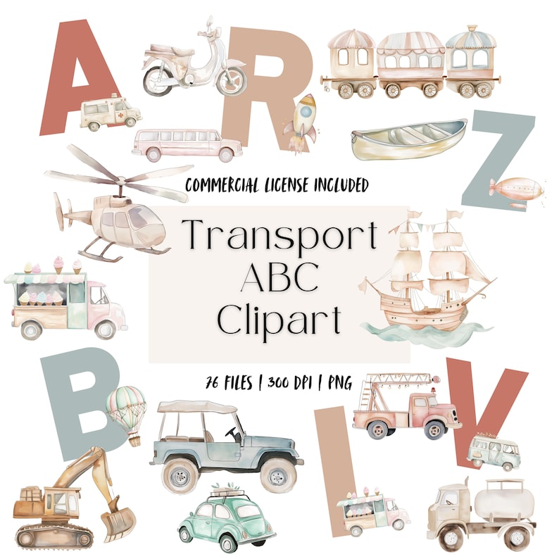 Watercolor Transport Alphabet Clipart Bundle | Vehicle Themed PNG Set ...