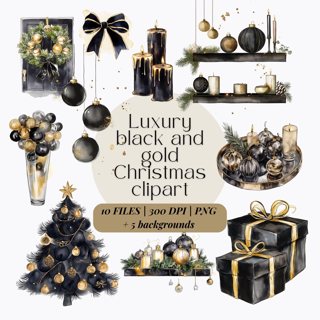 Elegant Christmas Black and Gold Clipart Bundle | Luxury Gold Christmas ...