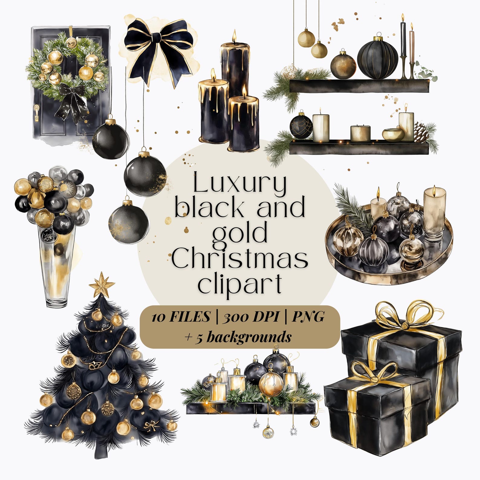 Elegant Christmas Black and Gold Clipart Bundle | Luxury Gold Christmas ...