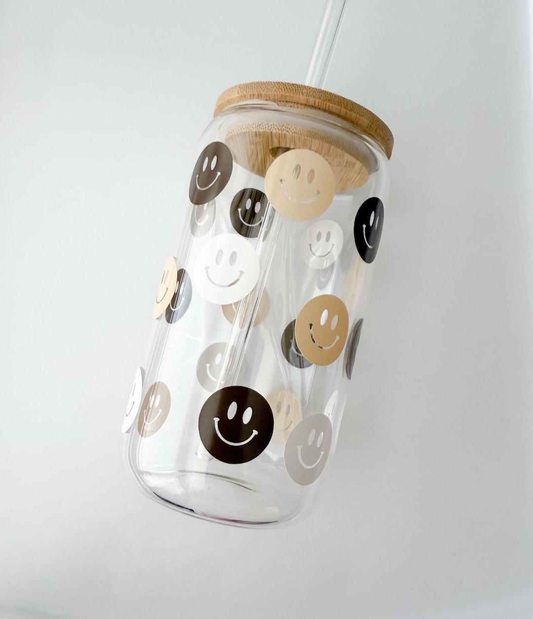Smiley Face Iced Coffee Glass Can: 16oz Libbey Cup With Bamboo Lid - Etsy