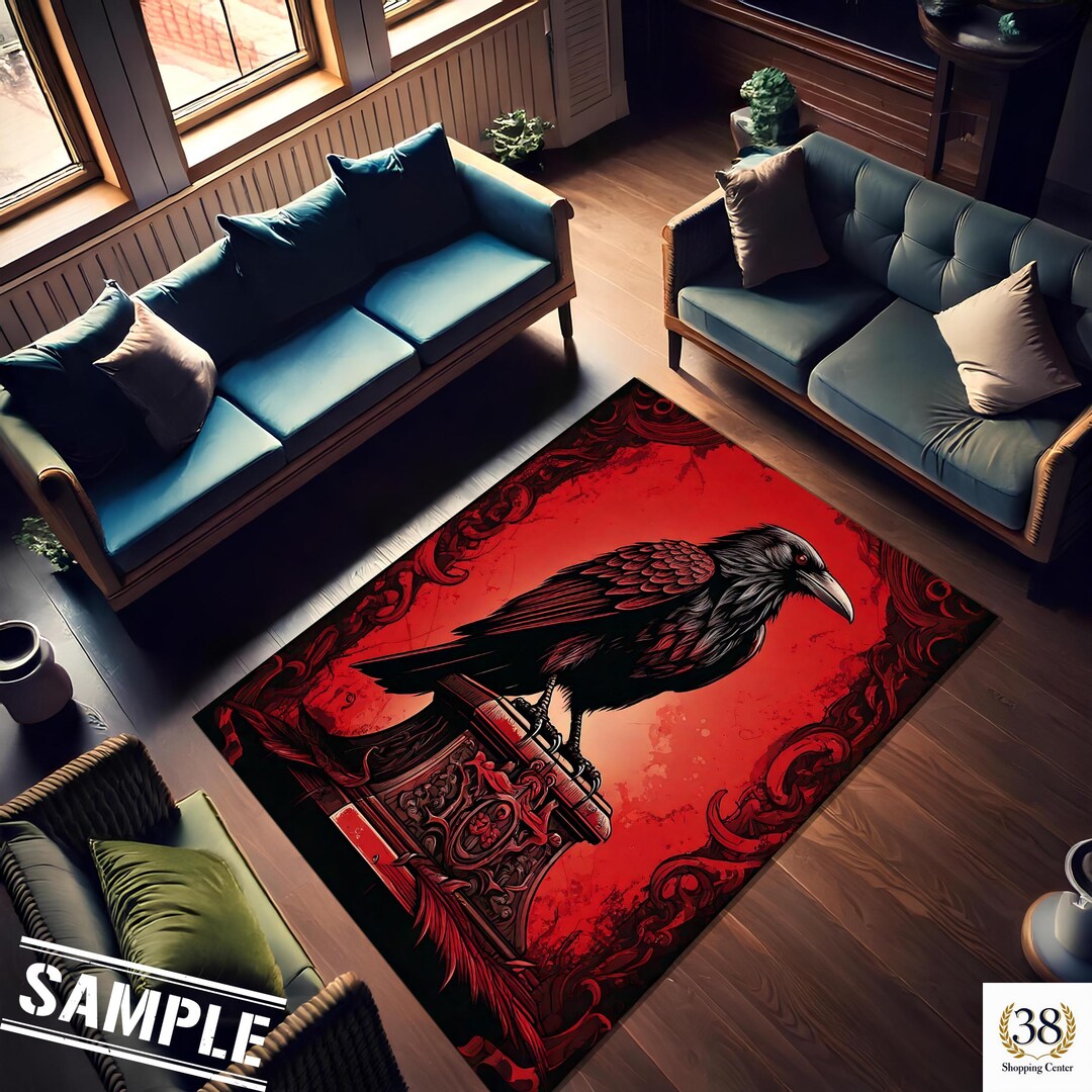 Black & Red Raven Rug for Goth Room Decor, Vintage Rug, Dark Vintage ...