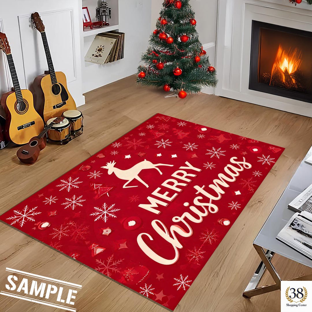 Merry Christmas Rug, Christmas Tree Rug, Reindeer Carpet, Christmas ...