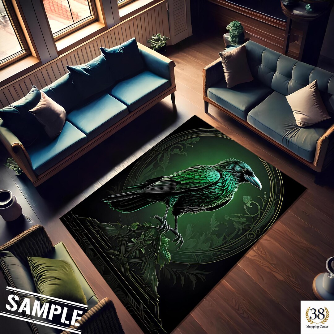 Green & Black Raven Rug for Goth Room Decor, Vintage Rug, Green Crow ...