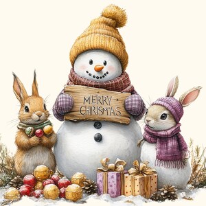 Cute Christmas Snowman and Woodland Bunnies Clipart, Festive Winter ...