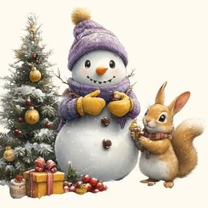 Cute Christmas Snowman and Woodland Bunnies Clipart, Festive Winter ...