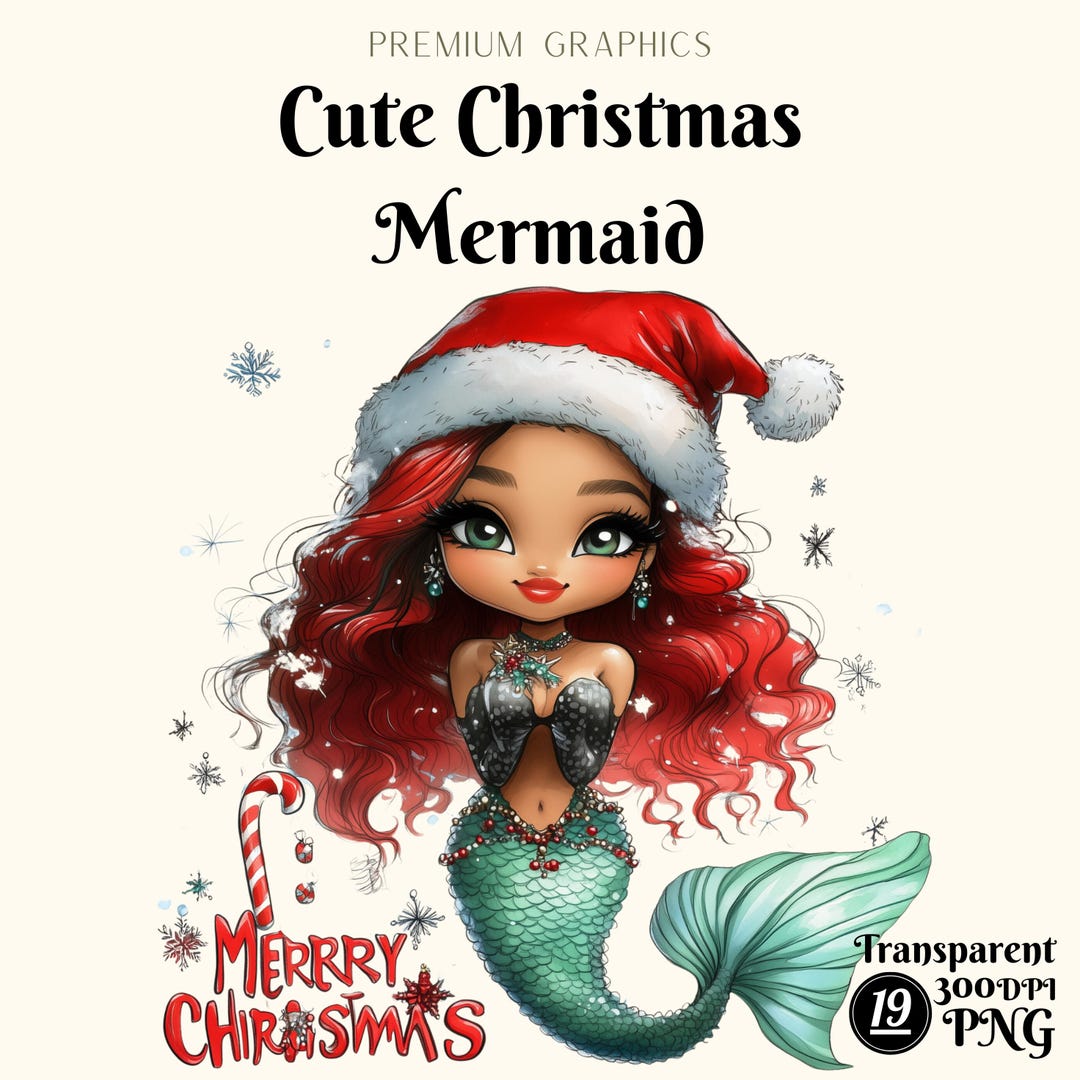 Christmas Mermaid Clipart Bundle, Cute Holiday Mermaid PNG, Transparent ...