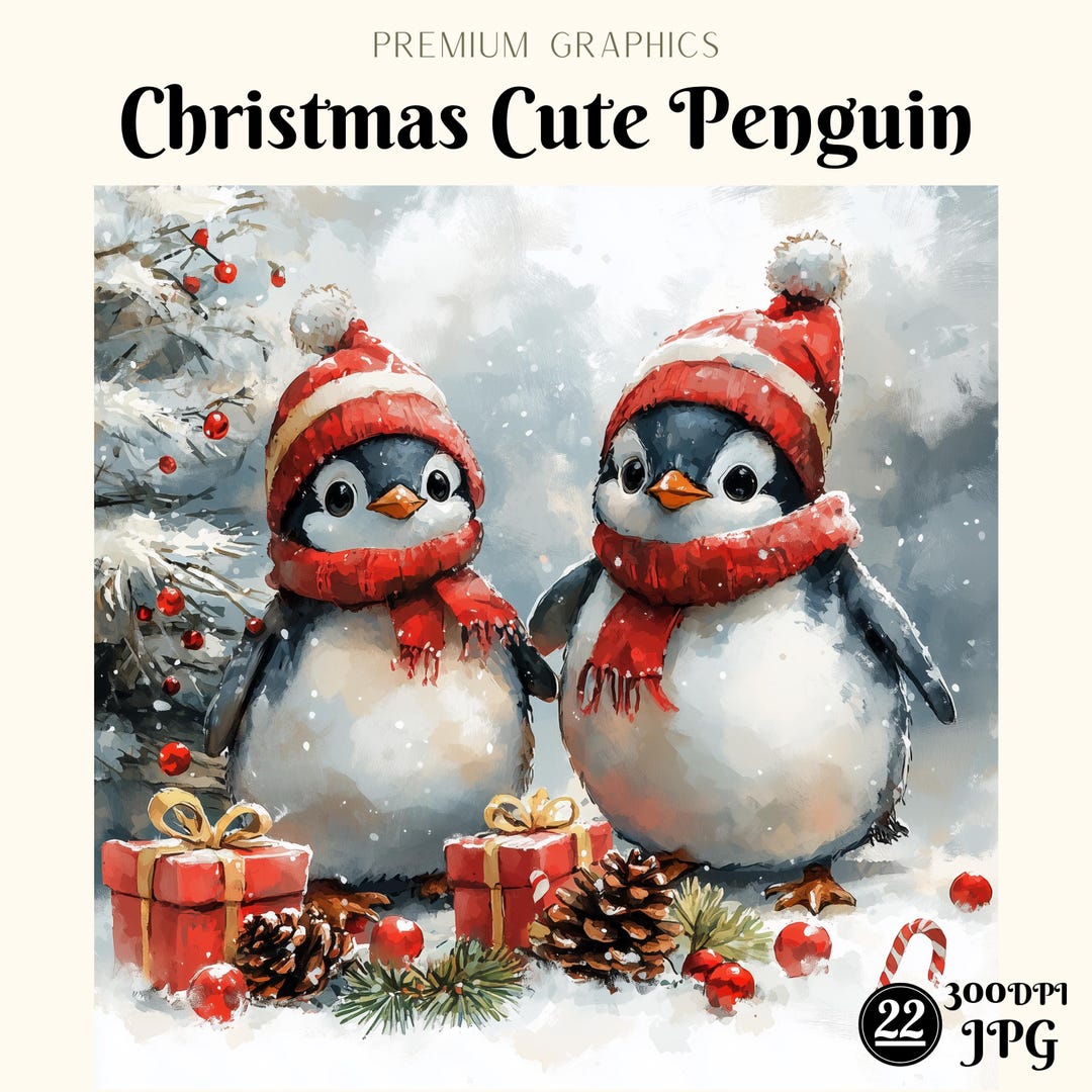 Watercolor Cute Christmas Penguin Clipart, Christmas Penguin Clipart,22 ...