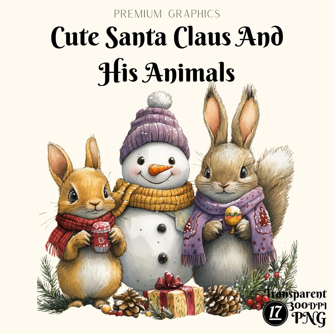 Cute Christmas Snowman and Woodland Bunnies Clipart, Festive Winter ...
