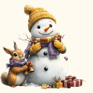 Cute Christmas Snowman and Woodland Bunnies Clipart, Festive Winter ...