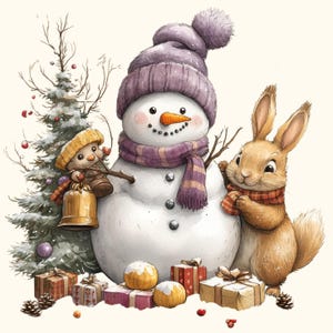 Cute Christmas Snowman and Woodland Bunnies Clipart, Festive Winter ...