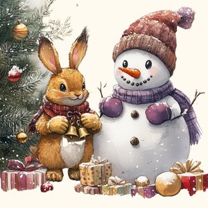 Cute Christmas Snowman and Woodland Bunnies Clipart, Festive Winter ...