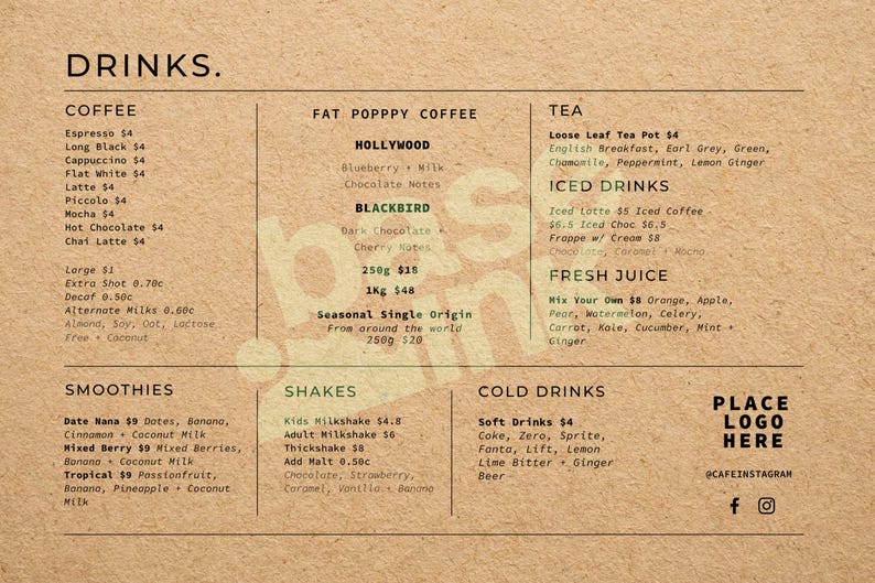 Trendy Modern Cafe Menu Design A4 Canva Download Template 2 Page ...