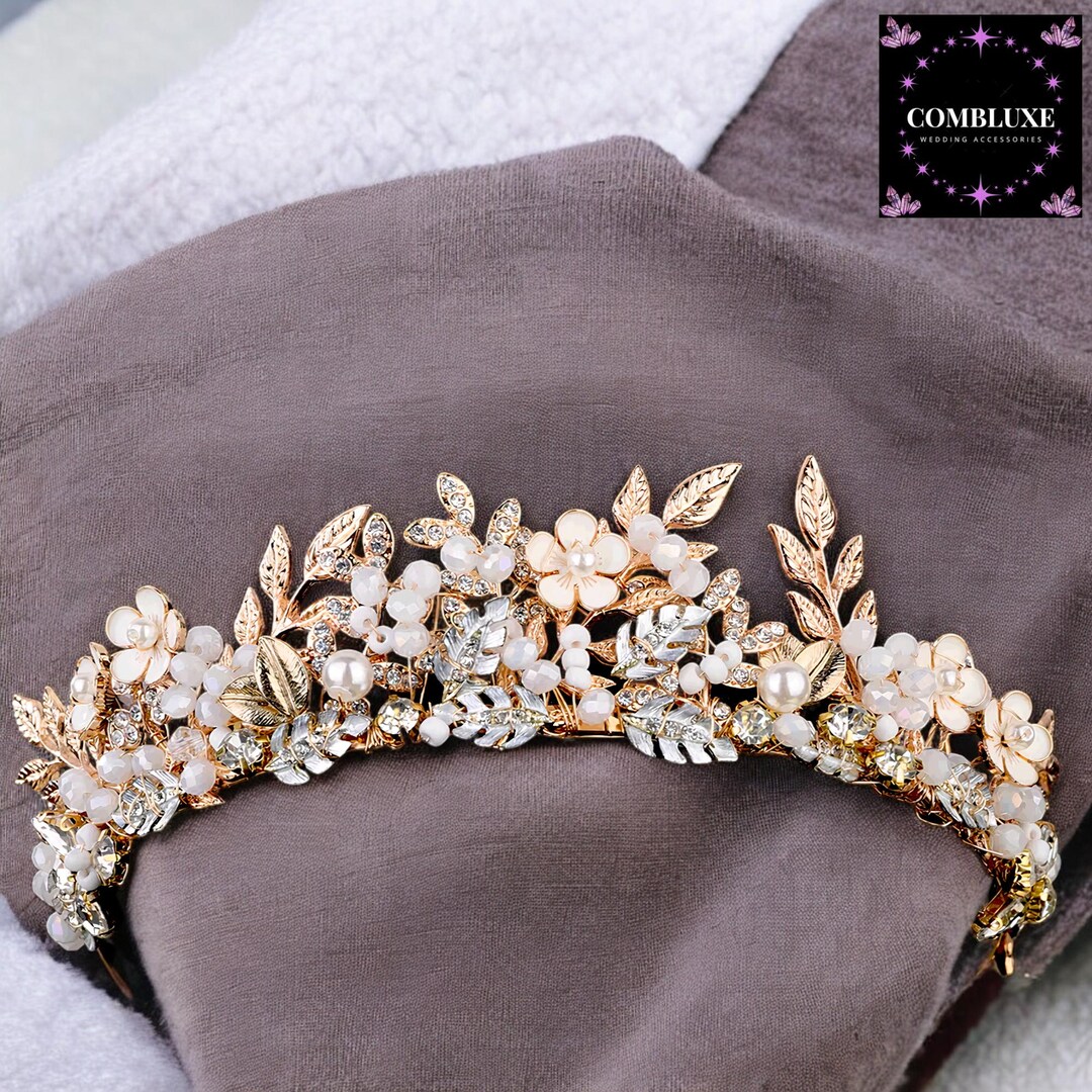 Bridal Tiara Gold Crown, Flower Crystal Tiara Princess Crown, Gold ...