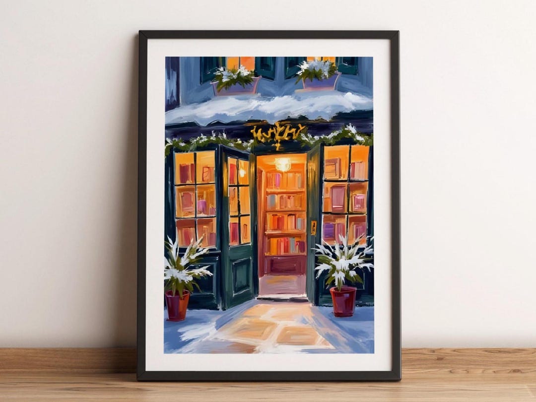 Snowy Christmas Bookstore Art, Cozy Bookshop Digital Printable Wall ...