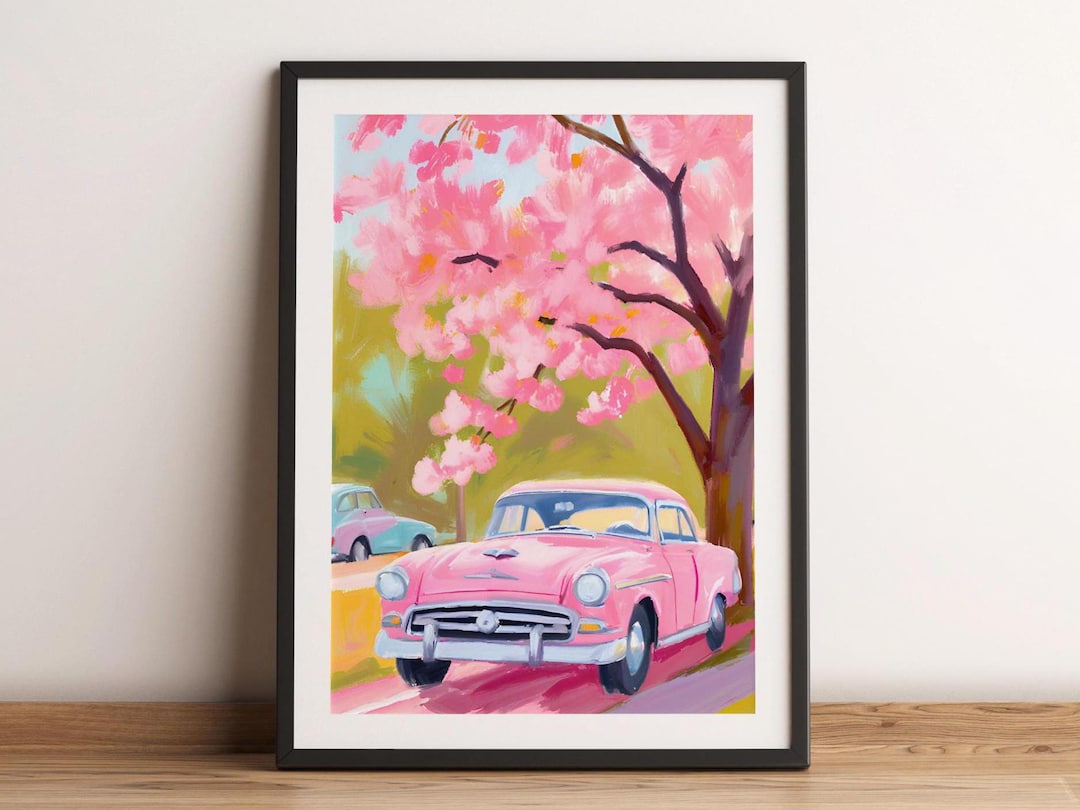 Spring Vintage Car Printable Poster, Retro Pink Print Wall Art, Vespa ...
