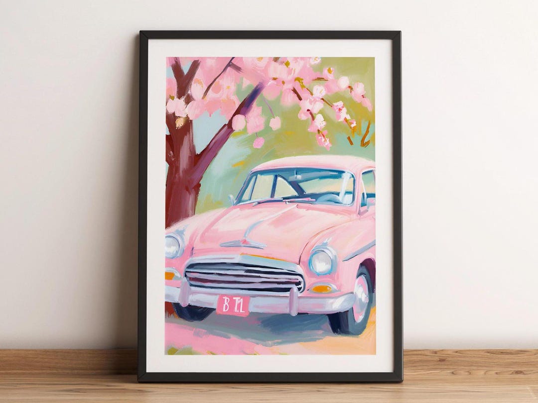 Pink Vintage Car Printable Poster, Retro Oldtimer Print Wall Art, Vespa ...