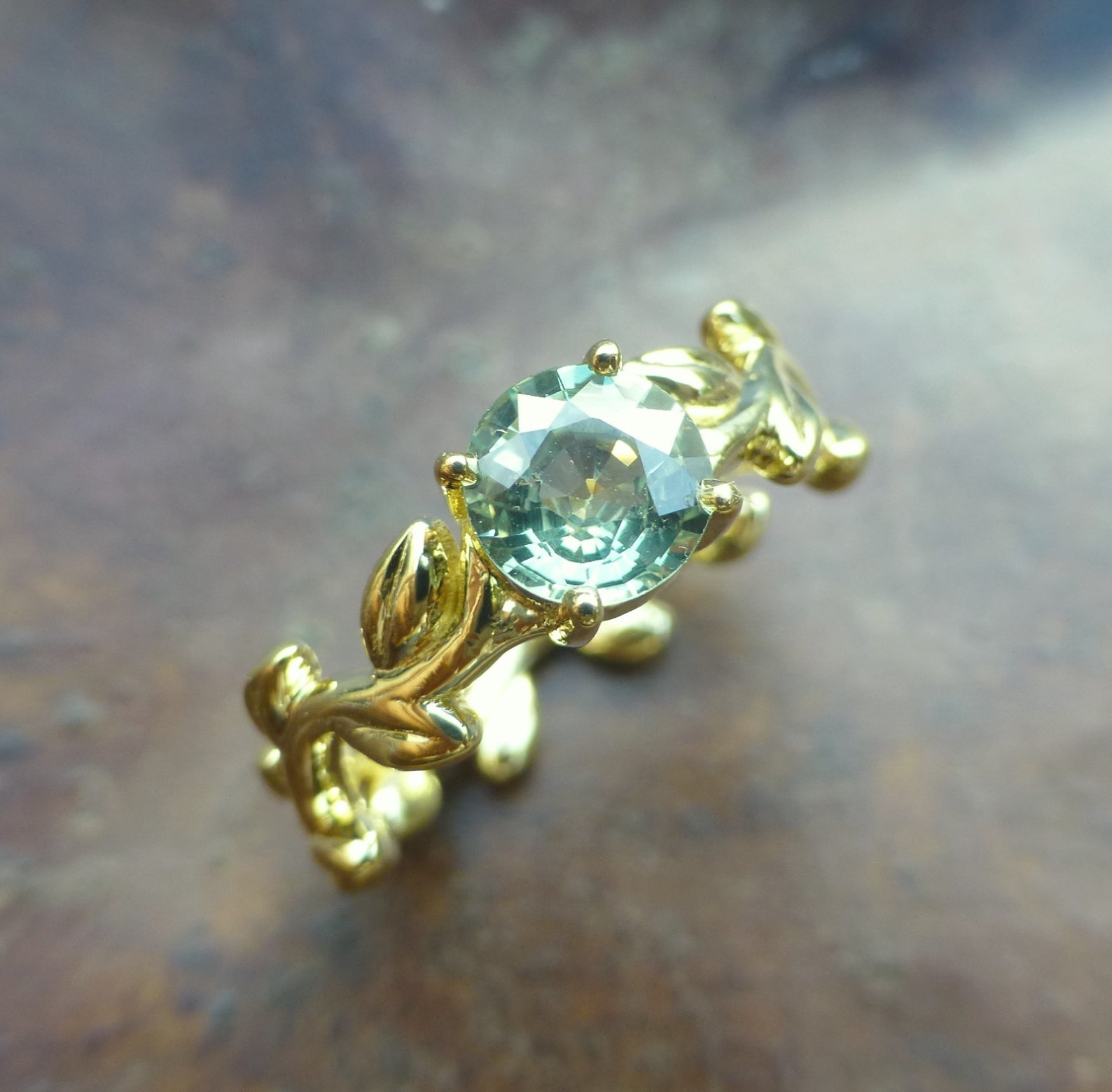 Leaf Vine Engagement Ring. 14k Yellow Gold Leaf Ring With Green ...