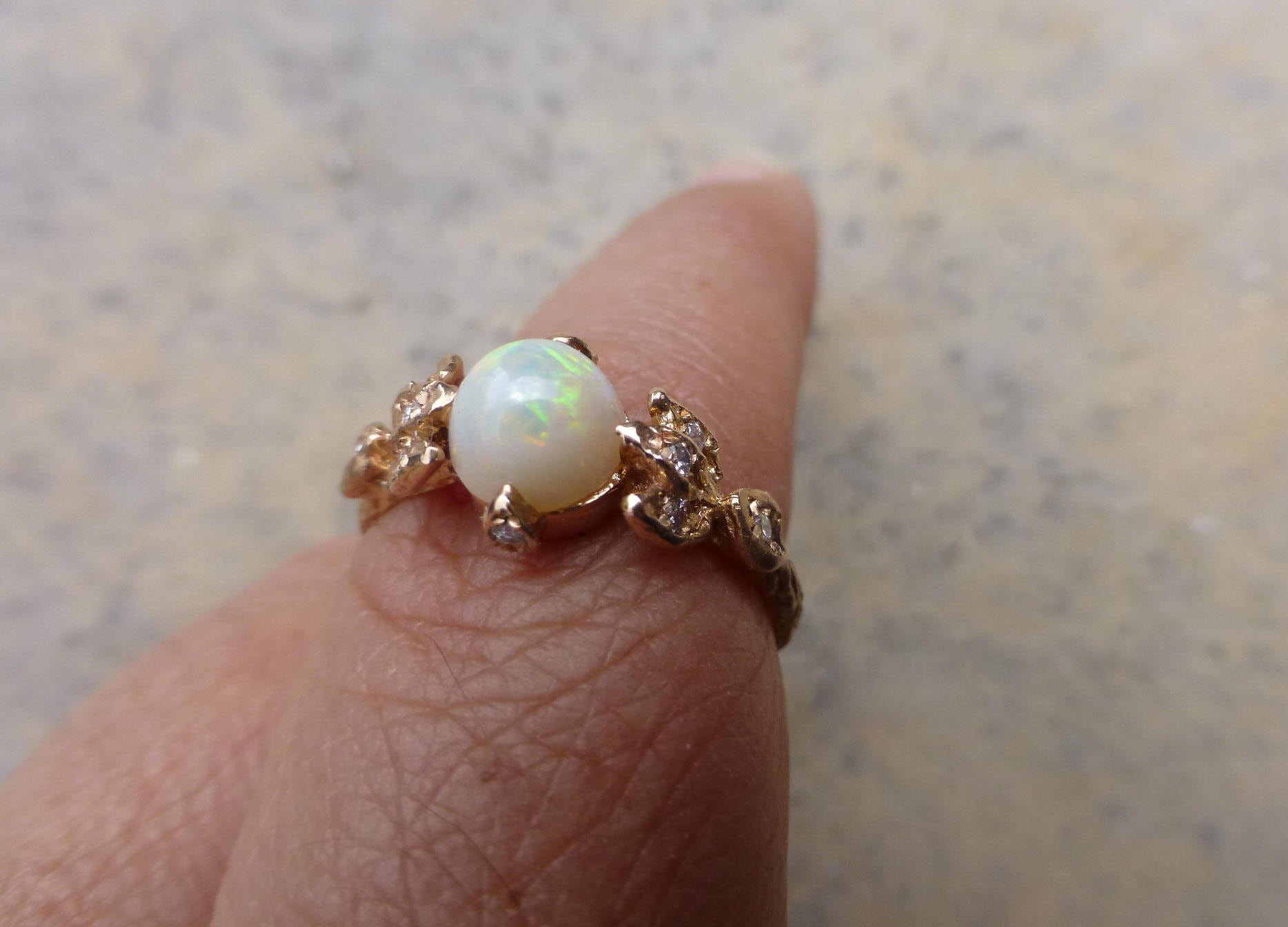14k rose gold opal leaf ring. Opal leaf ring. Round opal | Etsy