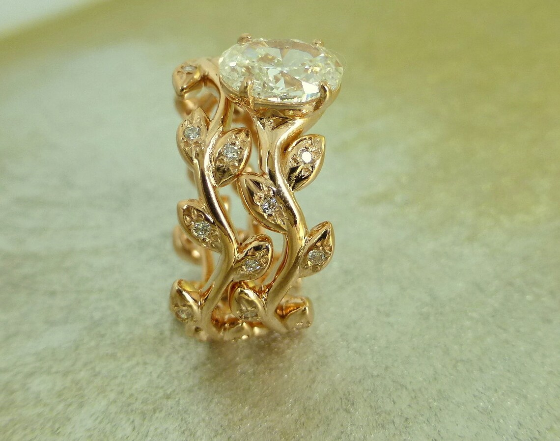 Leaf Diamond Engagement Ring Set. Rustic Ring. 14k Pink Gold - Etsy
