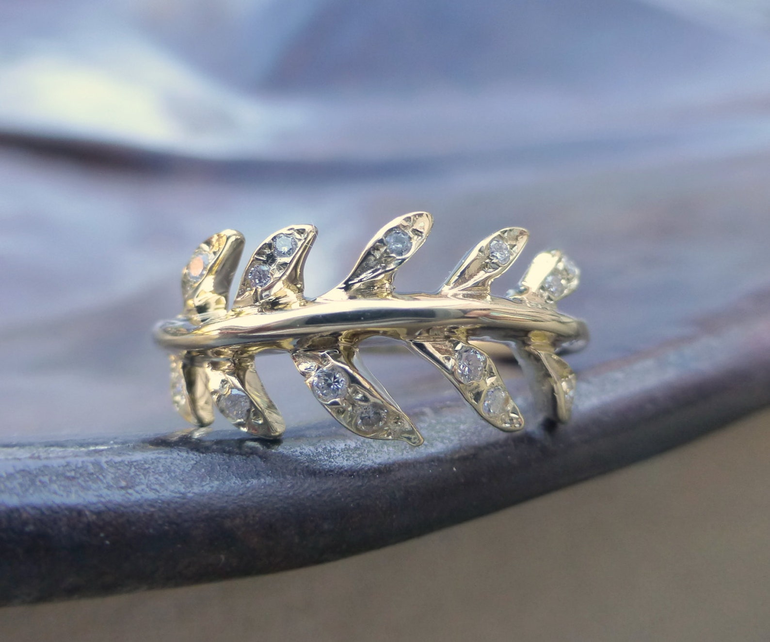 Laurel Leaf Engagement Ring. 14k Yellow Gold Wreath Ring. Diamond Leaf ...