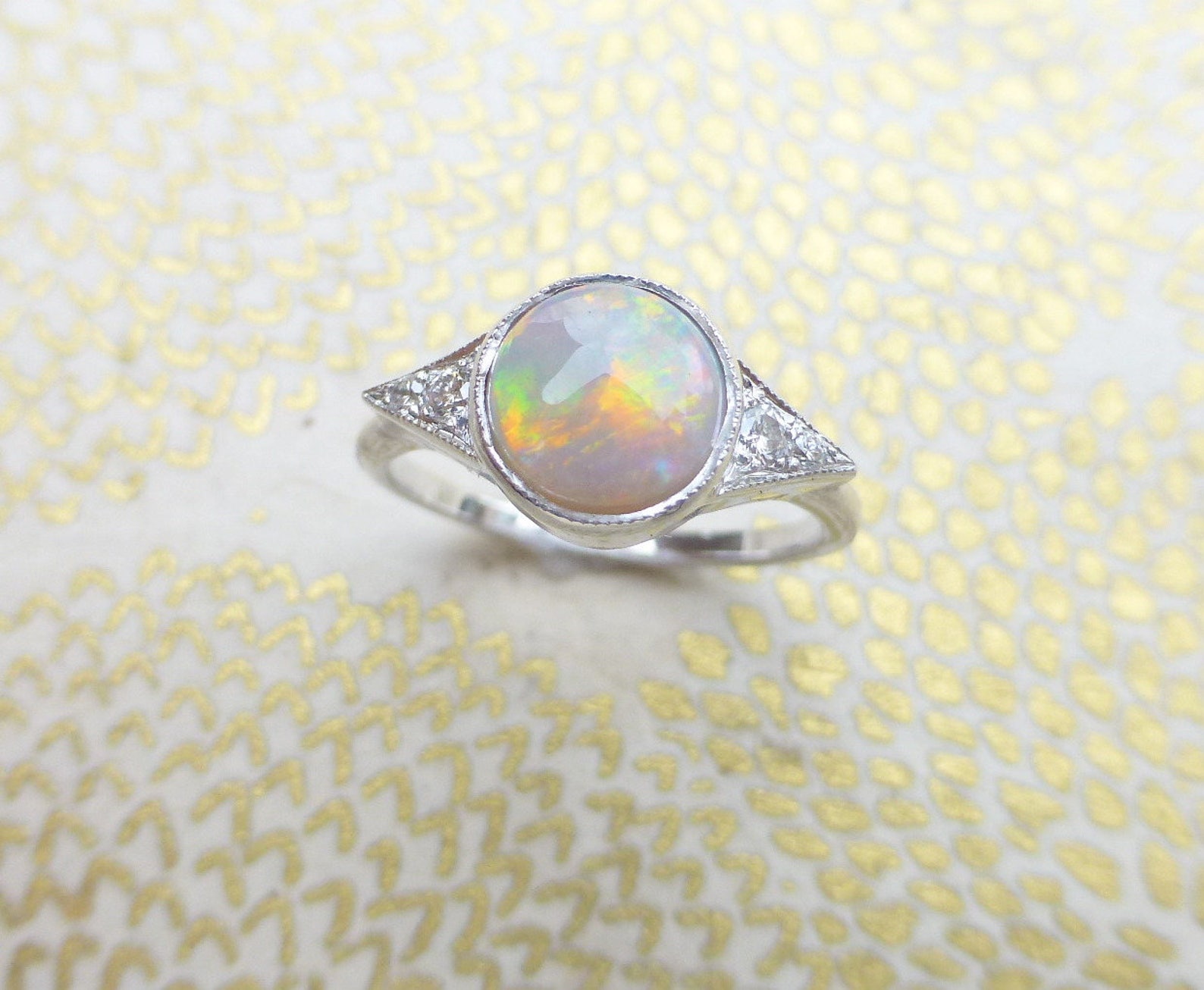 Opal engagement ring. Round opal ring with diamond ring. | Etsy