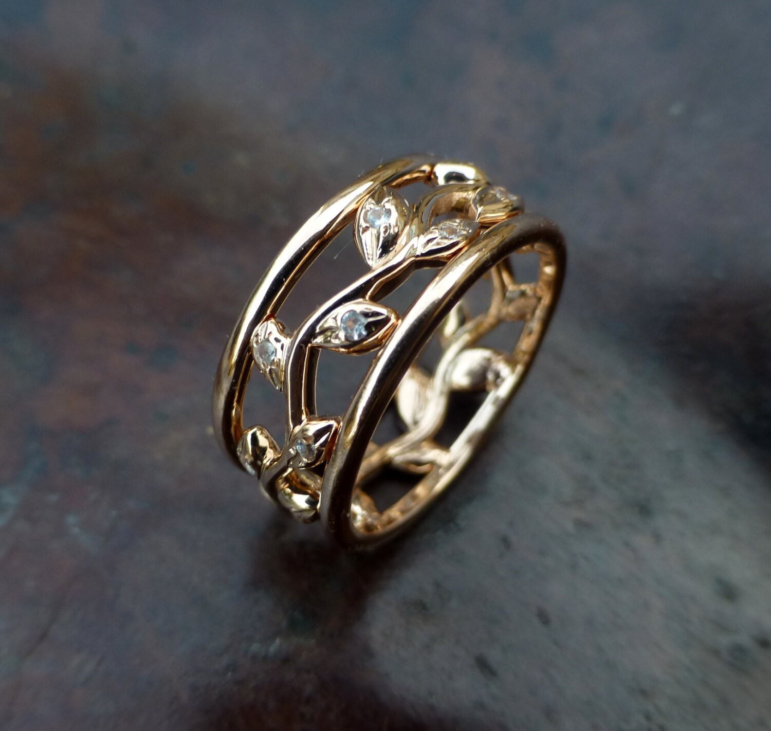 Engagement Ring Set With Leaves. Leaf Ring With Diamonds. 14k Yellow ...