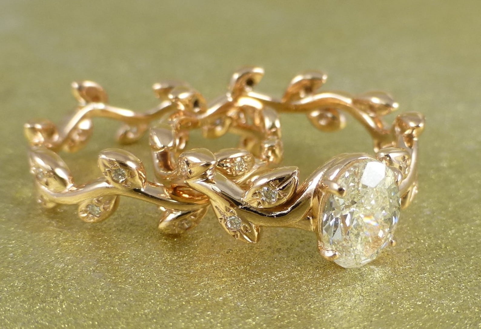 Leaf Diamond Engagement Ring Set. Rustic Ring. 14k Pink Gold - Etsy