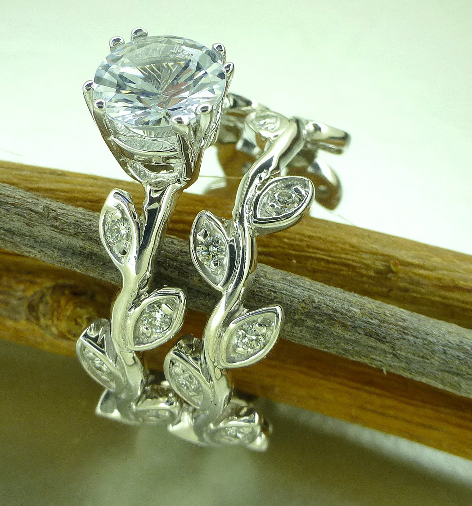 Leaf Diamond Engagement Ring Set. 14k White Gold Ring Set. White ...