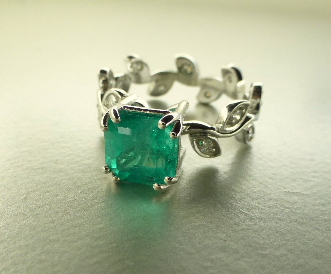 Emerald Leaf Ring. Emerald Engagement Ring. Emerald Cut Emerald Ring ...
