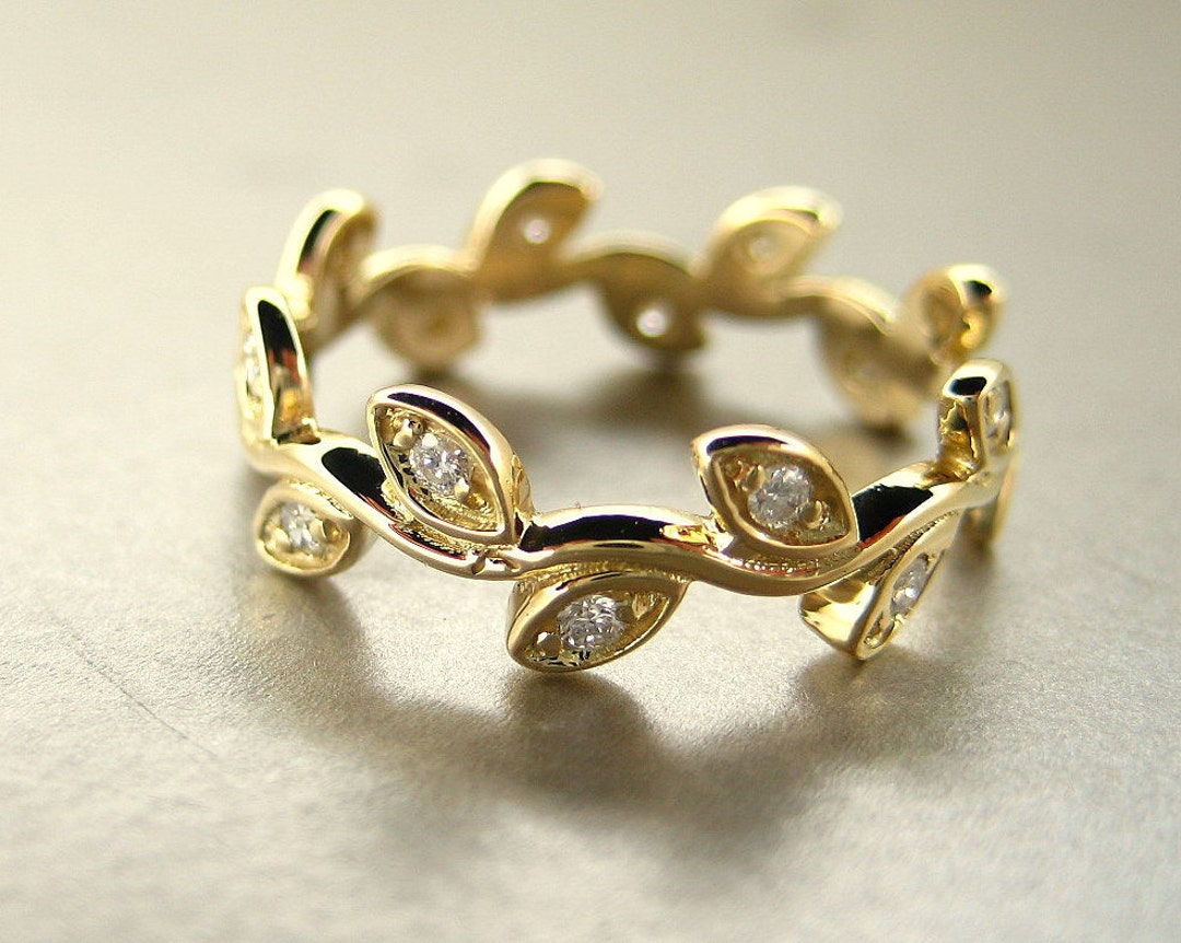 Engagement Diamond Leaf Ring. 14k Yellow Gold Leaf Ring. Leaf Wedding ...