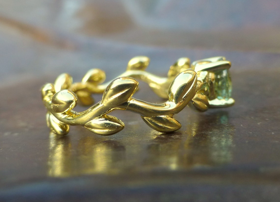 Leaf Vine Engagement Ring. 14k Yellow Gold Leaf Ring With Green ...