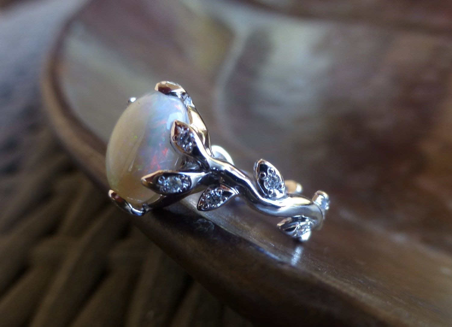 Opal Leaf Engagement Ring. 14k White Gold Opal Ring With Diamonds. Opal ...
