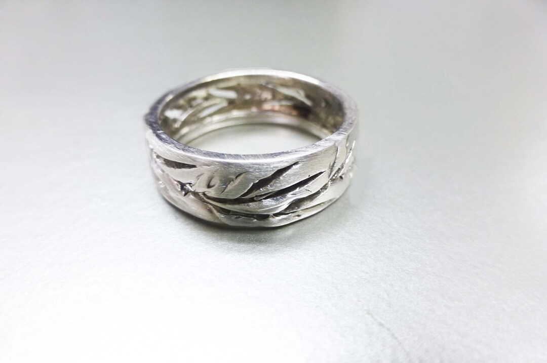 Unisex 14k White Gold Ring. Men's Leaf Ring. Unisex Leaf Ring Band. Men ...