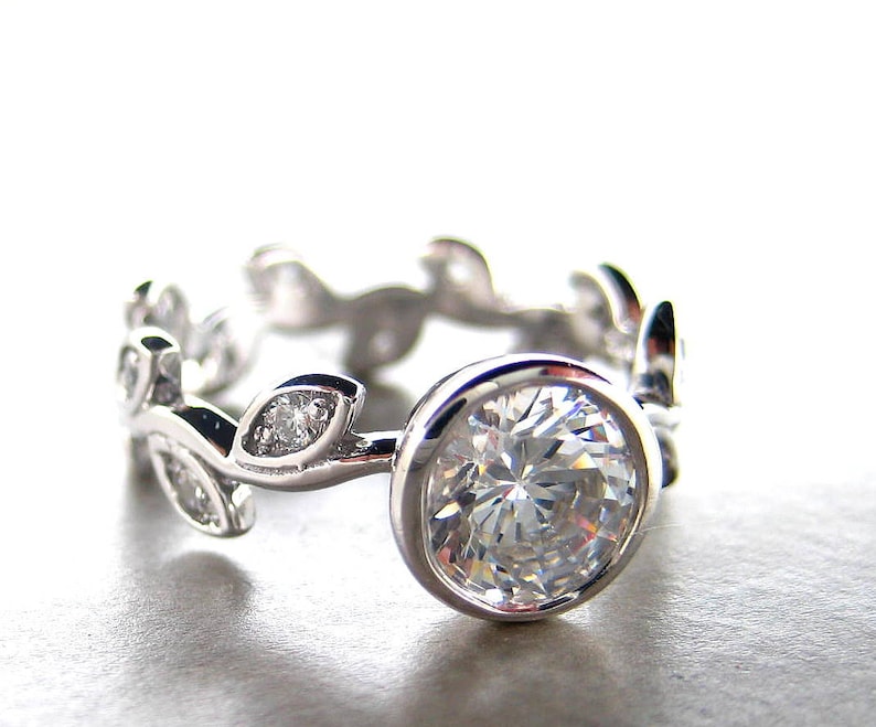 White Sapphire Leaf Engagement Ring. Leaf Diamond Ring. | Etsy