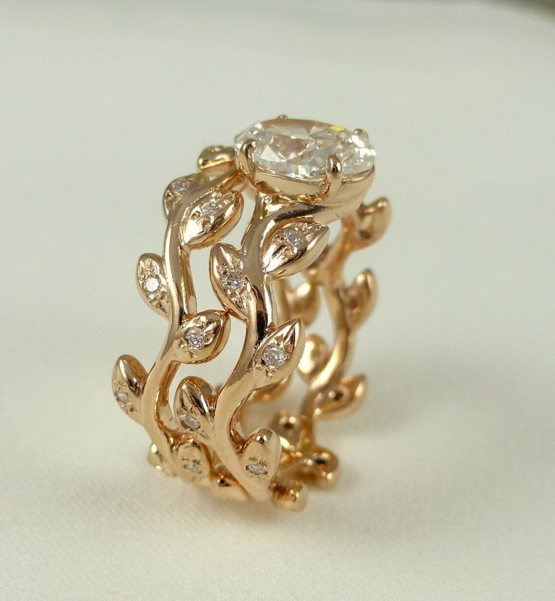 Leaf Diamond Engagement Ring Set. Rustic Ring. 14k Pink Gold - Etsy