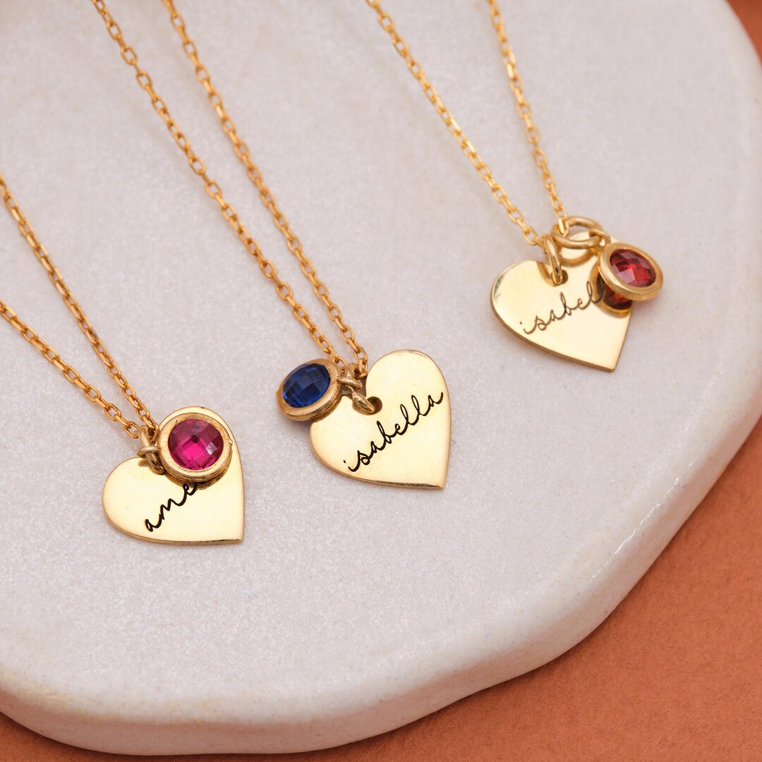 Custom Birthstone Heart Necklace, Engraved Name Necklace, Family Name ...