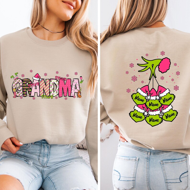 Custom Grinch Grandma Kid Name Sweatshirt Retro Christmas Nana Shirt ...