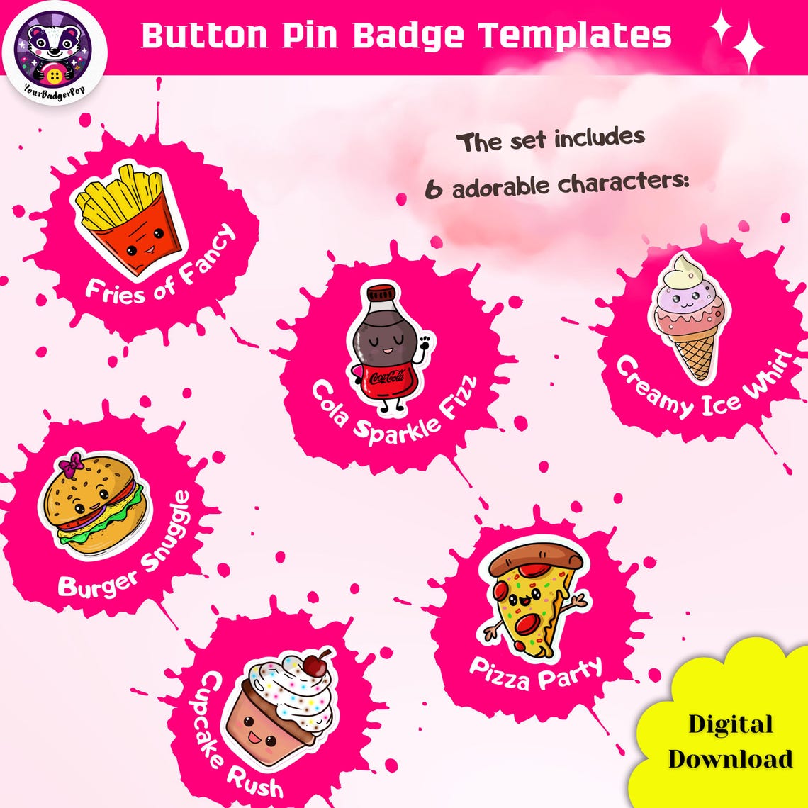Digital Printable Pin Badge Template DIY Kawaii Cute Snack & Fast Food ...