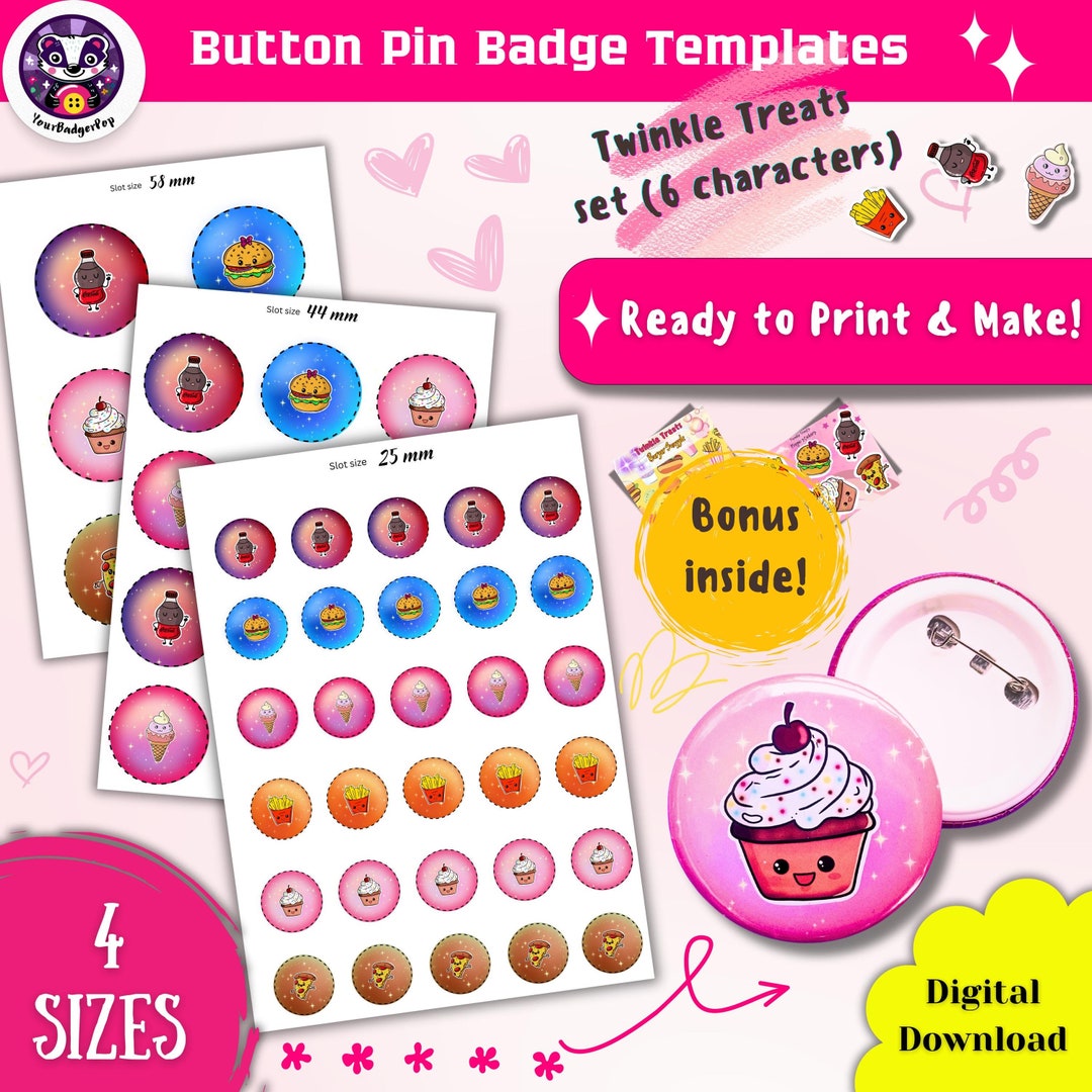 Digital Printable Pin Badge Template DIY Kawaii Cute Snack & Fast Food ...