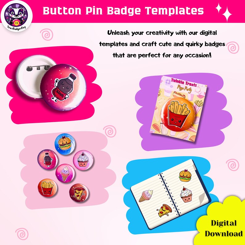 Digital Printable Pin Badge Template DIY Kawaii Cute Snack & Fast Food ...