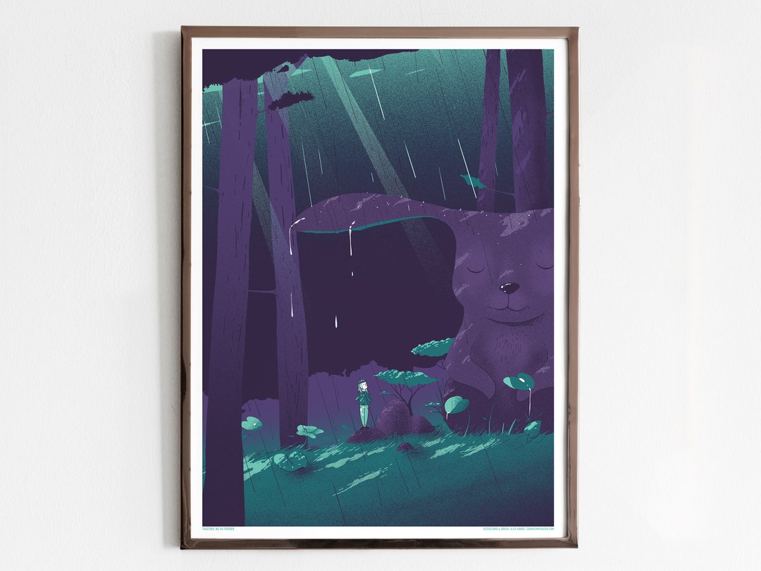 Calm Art Print With Rabbit - Screen Print Poster With Forest, Rain ...