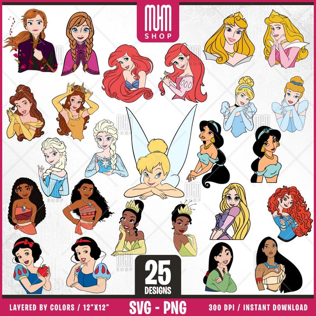 Princesses Bundle Svg, 25 Designs Easy to Use, Cartoon Characters ...