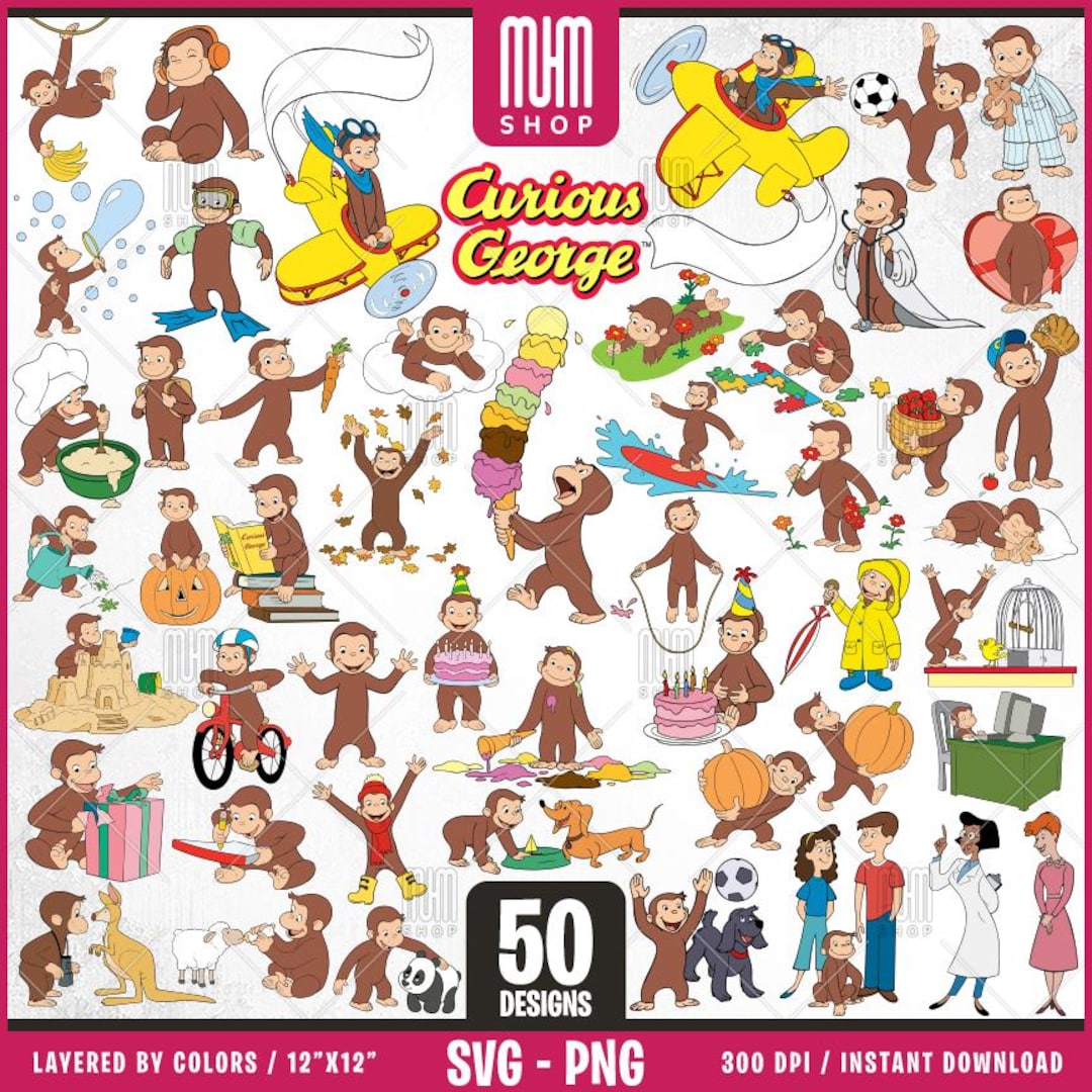 Curious George Monkey Life Svg Png, 50 Designs Easy to Use, Cartoon ...