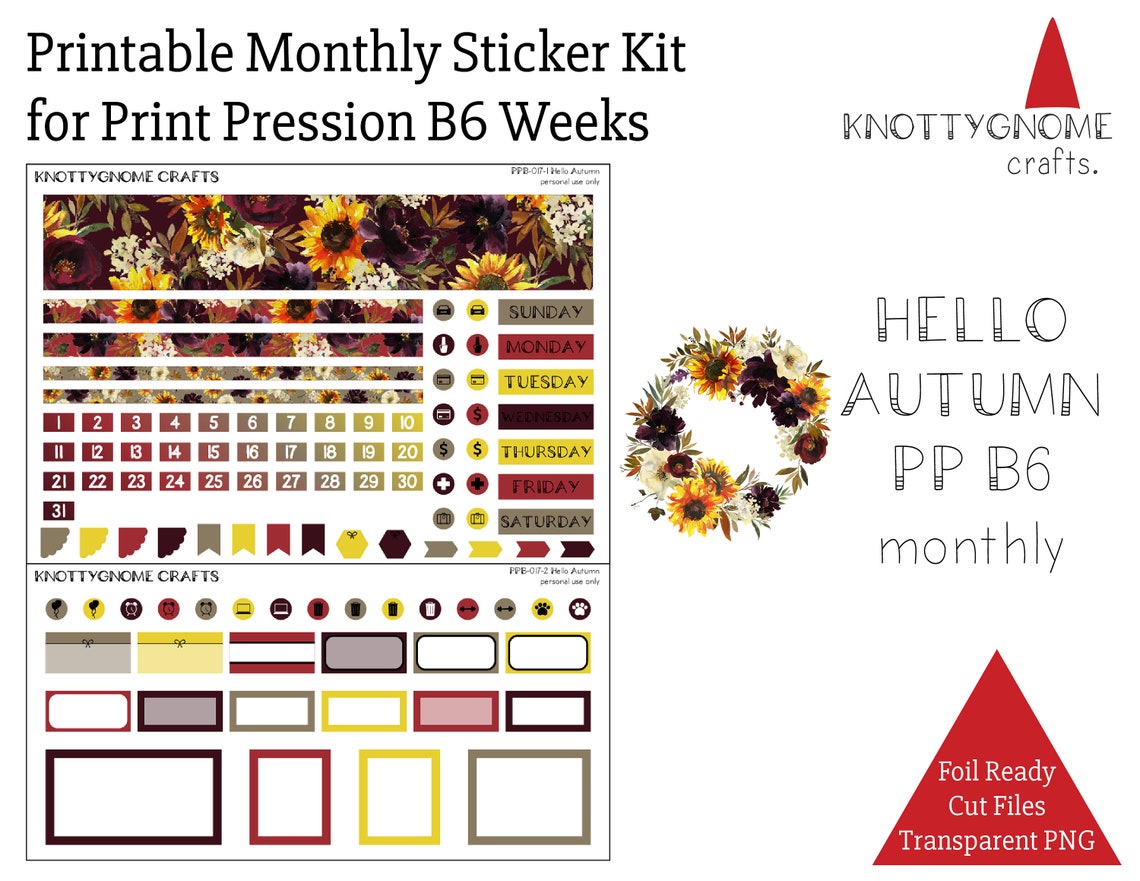 Printable autumn floral monthly sticker kit PrintPression B6 | Etsy