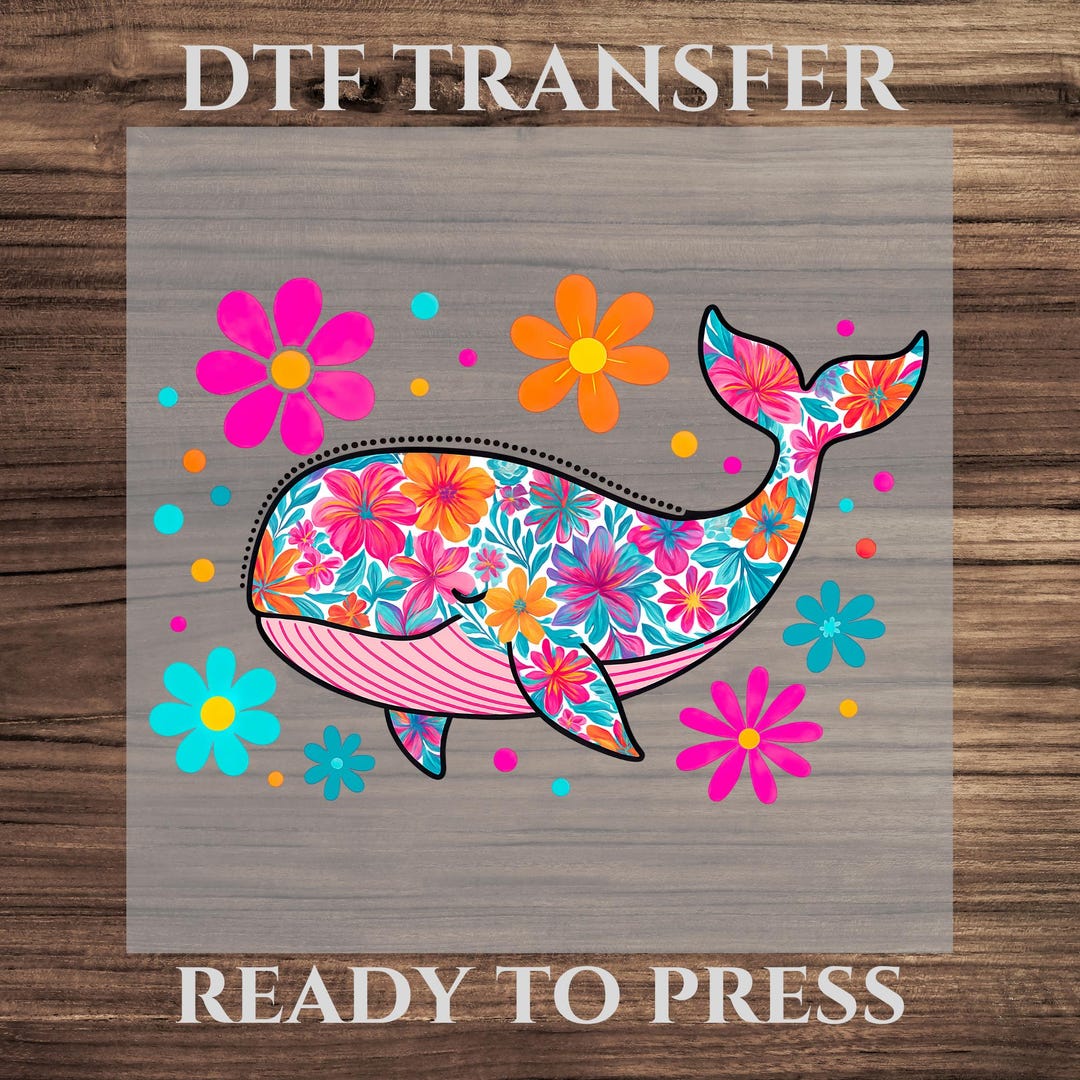 Floral Whale DTF Transfer, Colorful Summer Ocean Design Ready to Press ...