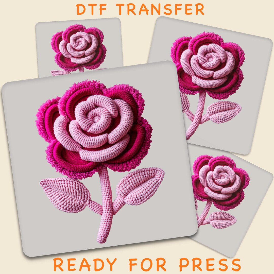 Valentine Faux Crochet Rose DTF Transfer, Knitted Look Rose Ready to ...