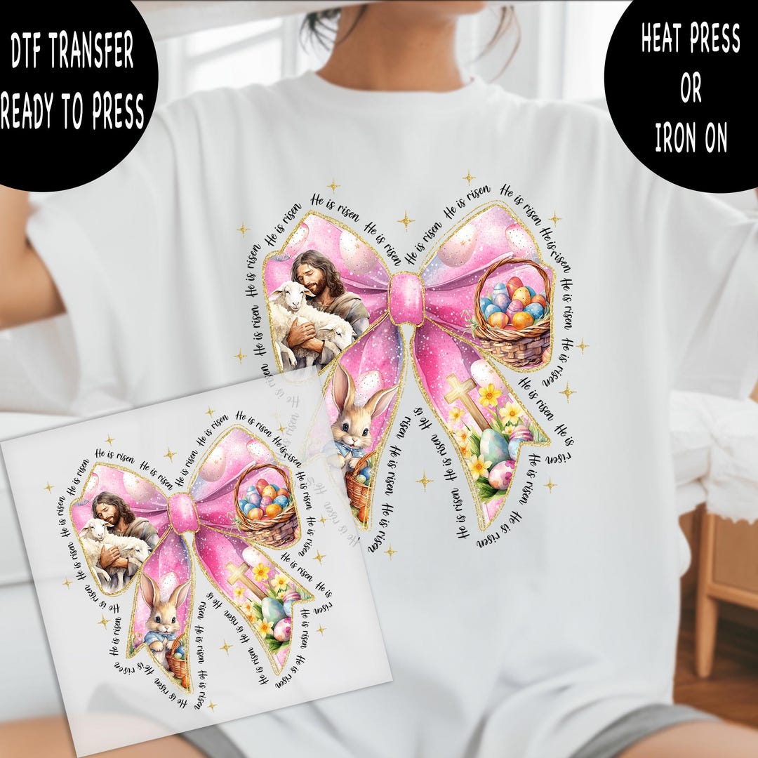 Religious Easter DTF Transfer, Jesus Bunny and Egg Basket Pink Bow ...