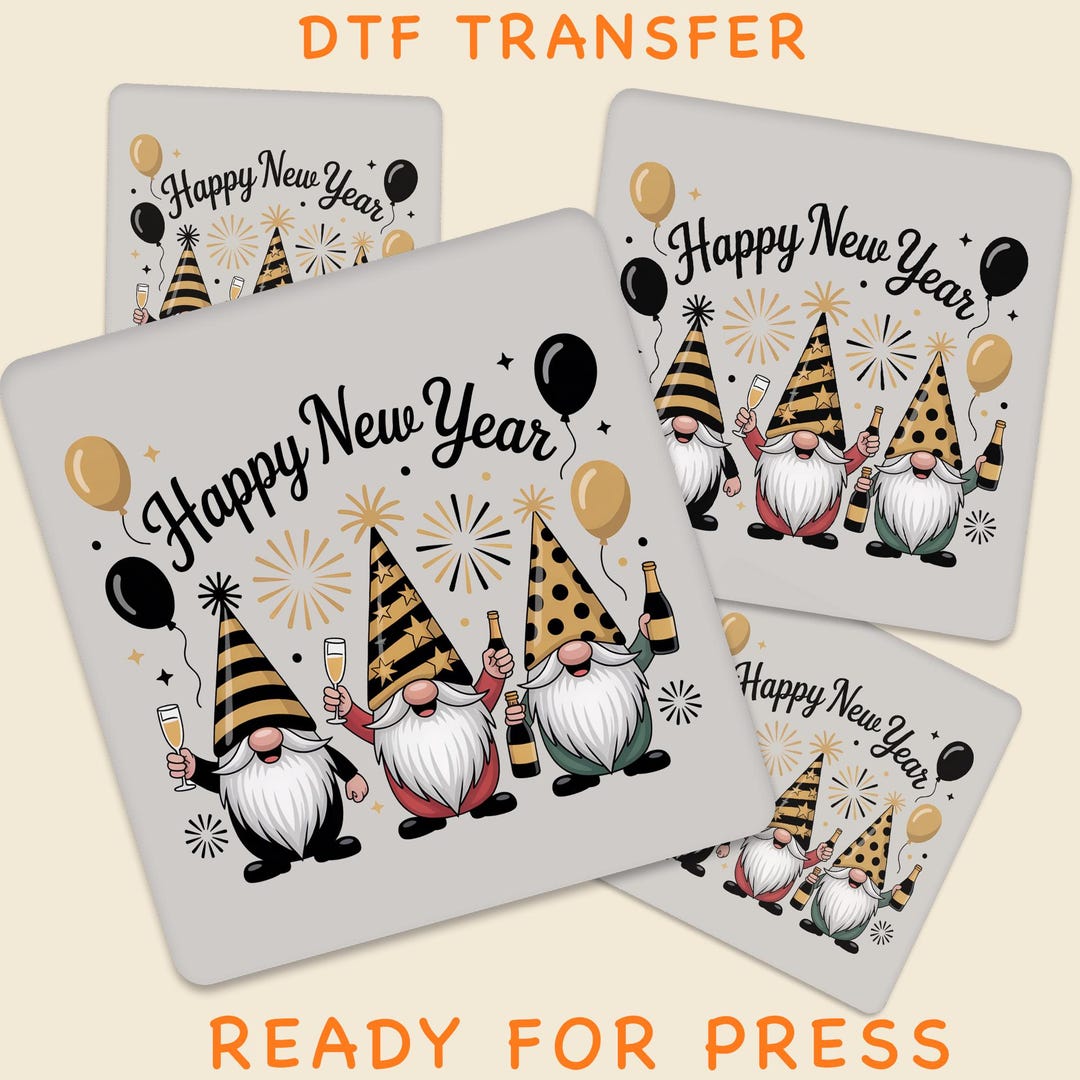 Happy New Year Gnomes DTF Transfer, Cute Celebration Gnome New Year ...